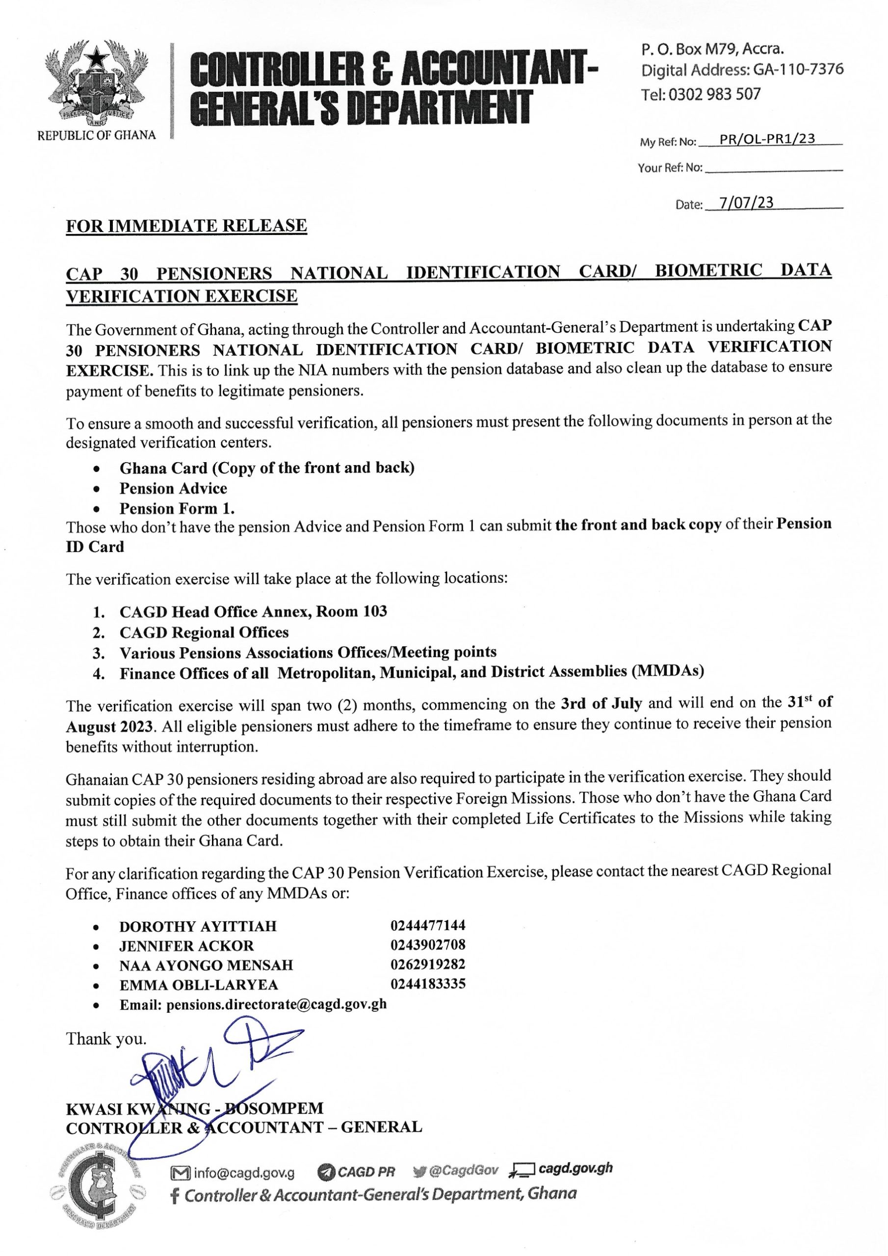 PRESS RELEASE: CAP 3O PENSIONERS NATIONAL IDENTIFICATION CARD/BIOMETRIC DATA VERIFICATION ...